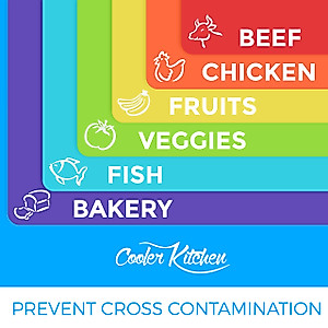 Extra Thick Flexible Plastic Cutting Board Mats with Holes for Hanging and Food Icons & EZ-Grip Waffle Back, (Set of 6) Dishwasher Safe