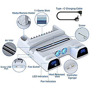 Dobe PS5 Stand with Cooling Station, PS5 Controller Charging Station for Playstation 5 Console Disc/Digital Edition, PS5 Accessories Vertical Stand with 3-Level Speeds Cooling Fan & 11 Games Organizer