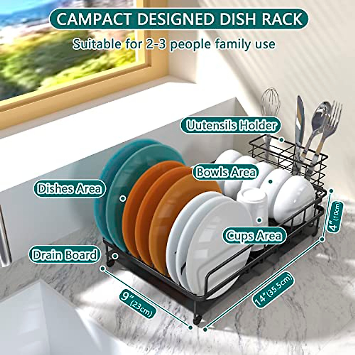 LKKL Dish Racks for Kitchen Counter- Rustproof Kitchen Dish Drying Rack with Drainboard,2 in 1 Small Dish Rack Drainer Set with Sponge Holder,Saving Space Dish Drainers for Kitchen Counter,Black