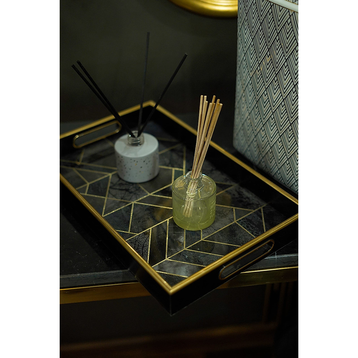 Serving Tray –Coffee Table Tray –Elegant Decorative Tray –PS and Printed Glass Table Tray –Practical and Sturdy Design –Easy to Clean and Washable(Black and Grey,15.6x10x1.8 Inches)