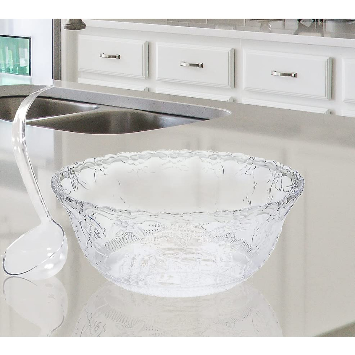 Premium Punch Bowl With Ladle Includes 8 Quart Serving Bowl With 5 oz serving ladle | Heavyweight Floral Embroidered Design | BPA Free Plastic | Punch Bowl Set 2 Gallons Large Punch Bowl for parties