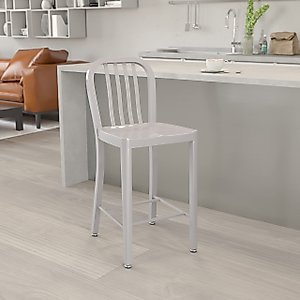 EMMA + OLIVER Commercial Grade 24" H Silver Metal Indoor-Outdoor Counter Stool w/Slat Back
