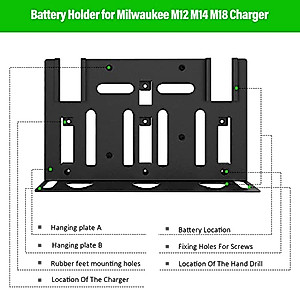 Riuog Wall Mount Bracket for Milwaukee M12 M18 Battery and Charger,Battery Storage for 12V18V, Metal 5 Battery Holder and Charger Holder for Tool Room and Garage (1size) (5 Battery Holes)