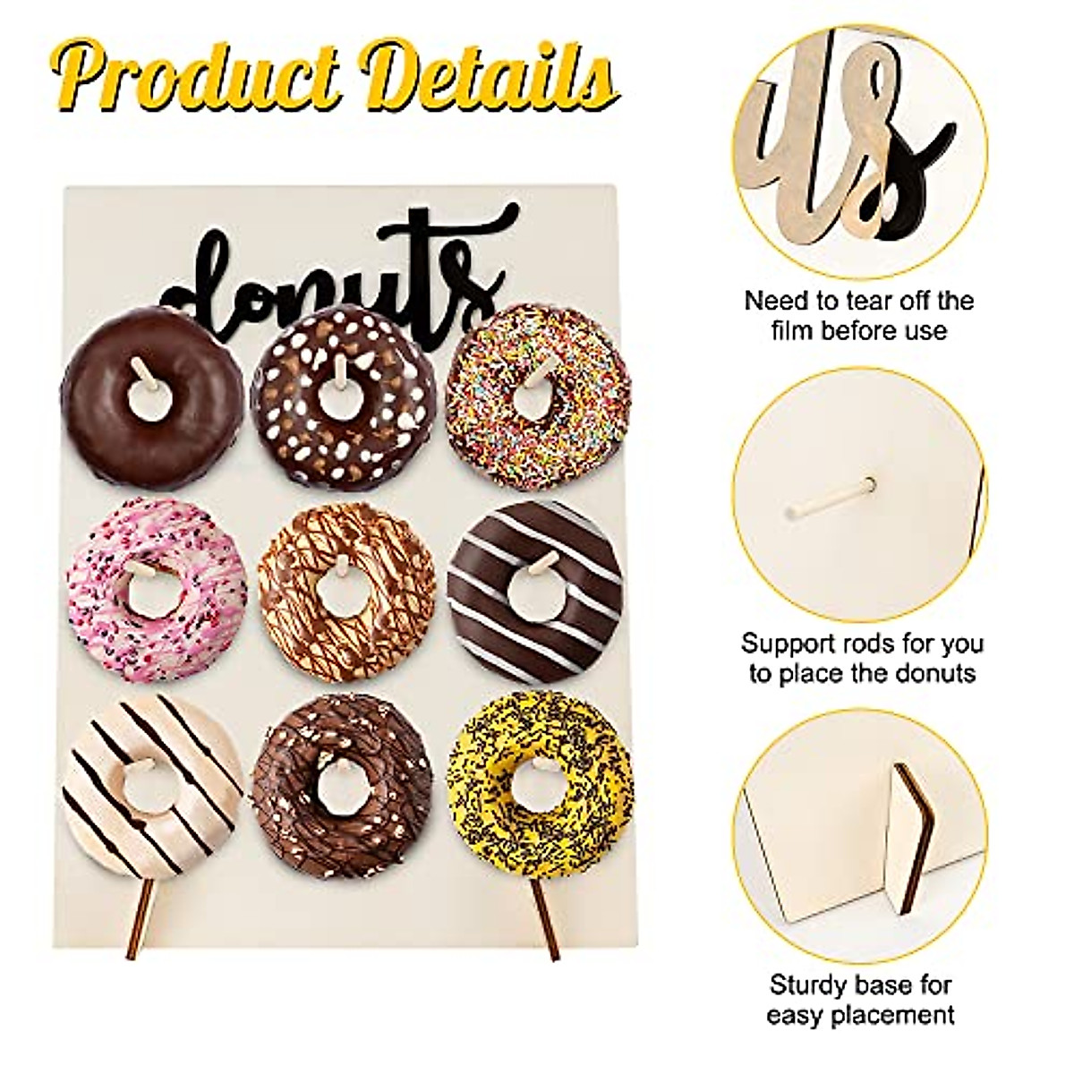 FHDUSRYO Wood Reusable Bagel Donut Stand, Wooden Donut Wall Stand and White Gold 3-Tier Cardboard Cupcake Stand for Wedding, Birthdays, Party Decoration