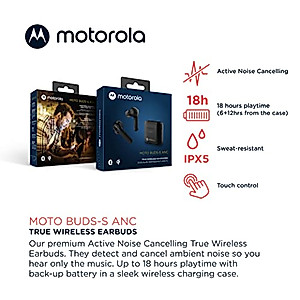 Motorola Moto Buds-S ANC - True Wireless Bluetooth Earbuds with Microphone and Active Noise Cancellation, IPX5 Water Resistant, Touch Control, Comfort Fit, Includes Micro Charging Case, Black