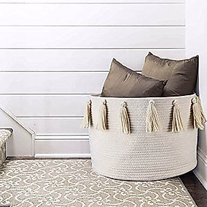 ABETREE Tassel Woven Storage Laundry Basket 17.7" x 11.8" with Handle Cotton Hamper Nursery Basket Blanket Baby Toy Storage Organizer
