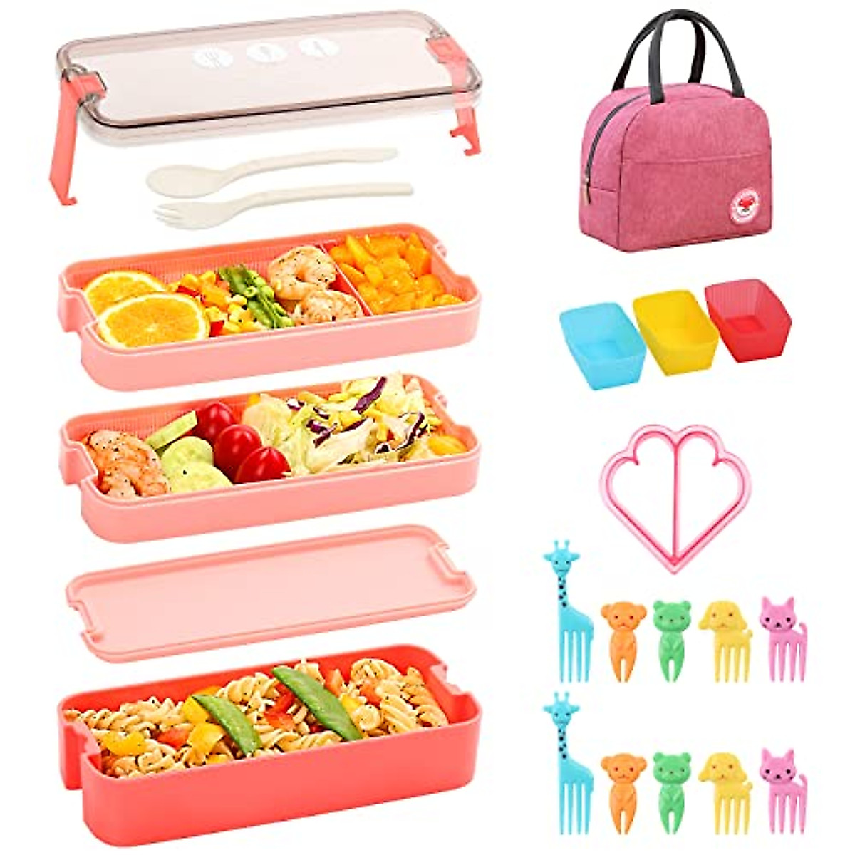Onanuto Bento Box Adult Lunch Box, 3 in 2 - bento box kit with Sandwich Cutters, Microwave Safe Lunch Containers with Lunch Bag Stackable Bento Lunch Box Set
