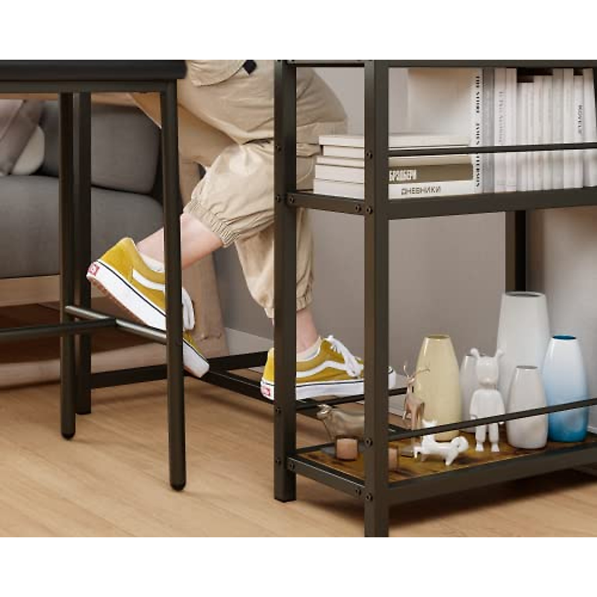 Gizoon Bar Table and Chairs Set for 2 with 3 Storage Shelves, Kitchen Counter Height Dining Table Set with Pu Cushion Chairs & Thick Wood Top for Breakfast, 3-Piece Modern Pub Table Set - Retro