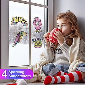 MEIEST Gem Diamond Painting Kits for Kids,24 PCS Fun DIY Mosaic Stickers by Numbers Kits,4 PCS Sparkly Suncatchers Creative Arts and Crafts Set and Handmade Gift(Sweets + Magical)