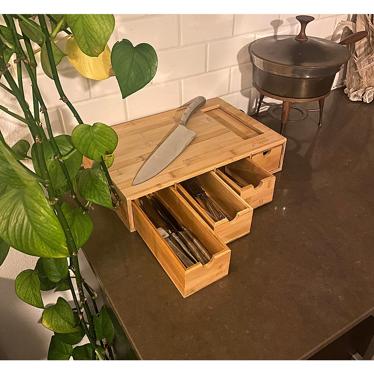 Chef Space Large Bamboo Sushi Prep Cutting Board with Space-Saving Storage Trays - 16" x 10"