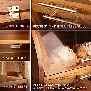 Arise Stylish Acacia Bread Box for Kitchen Countertop, Extra Large 2-Shelf Wooden Bread Storage Container with Clear Windows and Air Vents Keep Bread, Bagels and Rolls Fresh, Self Assembly