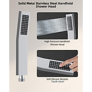 Hibbent All Metal 12'' Rainfall Shower Head, Square Shower Head Combo, High Pressure Handheld Shower Wand, 16'' Adjustable Arc-shaped Shower Extension Arm, 71'' Hose, 2 Showerhead Holders, Chrome