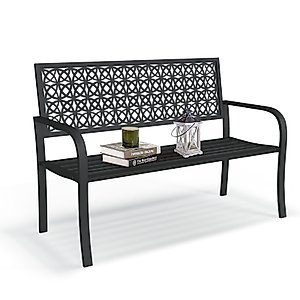 On Shine 50'' Patio Garden Bench Cast Iron Steel Outdoor Bench Clearance Weatherproof Metal Park Bench for Porch, Yard, Lawn, Deck(Black - Floral)