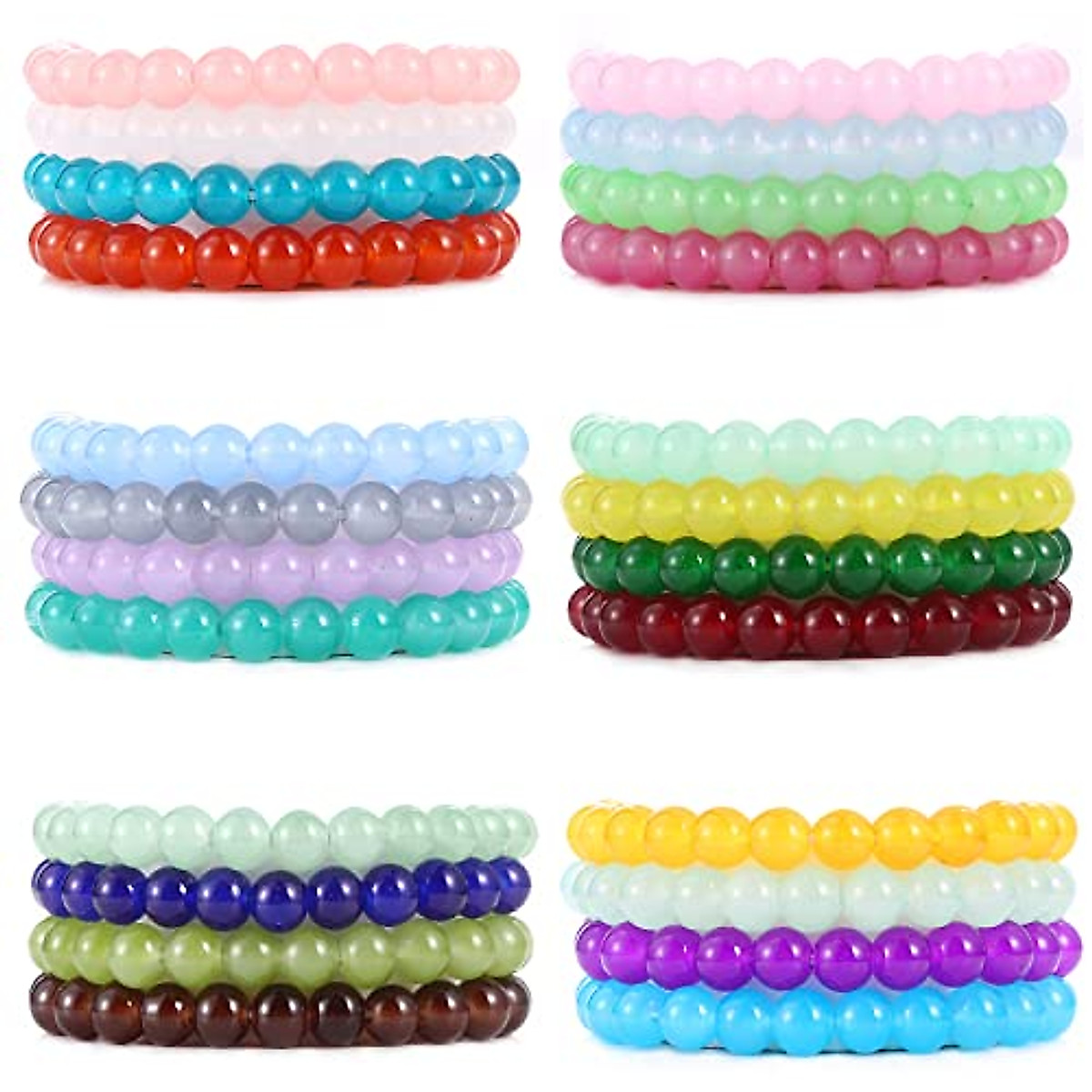 FIRAZIO 24Pcs 8mm Beaded Stretch Bracelet Handmade Glass Bracelet for Women Men Colorful Crystal Beads Bracelet Elastic Round Bead Bracelets Jewelry