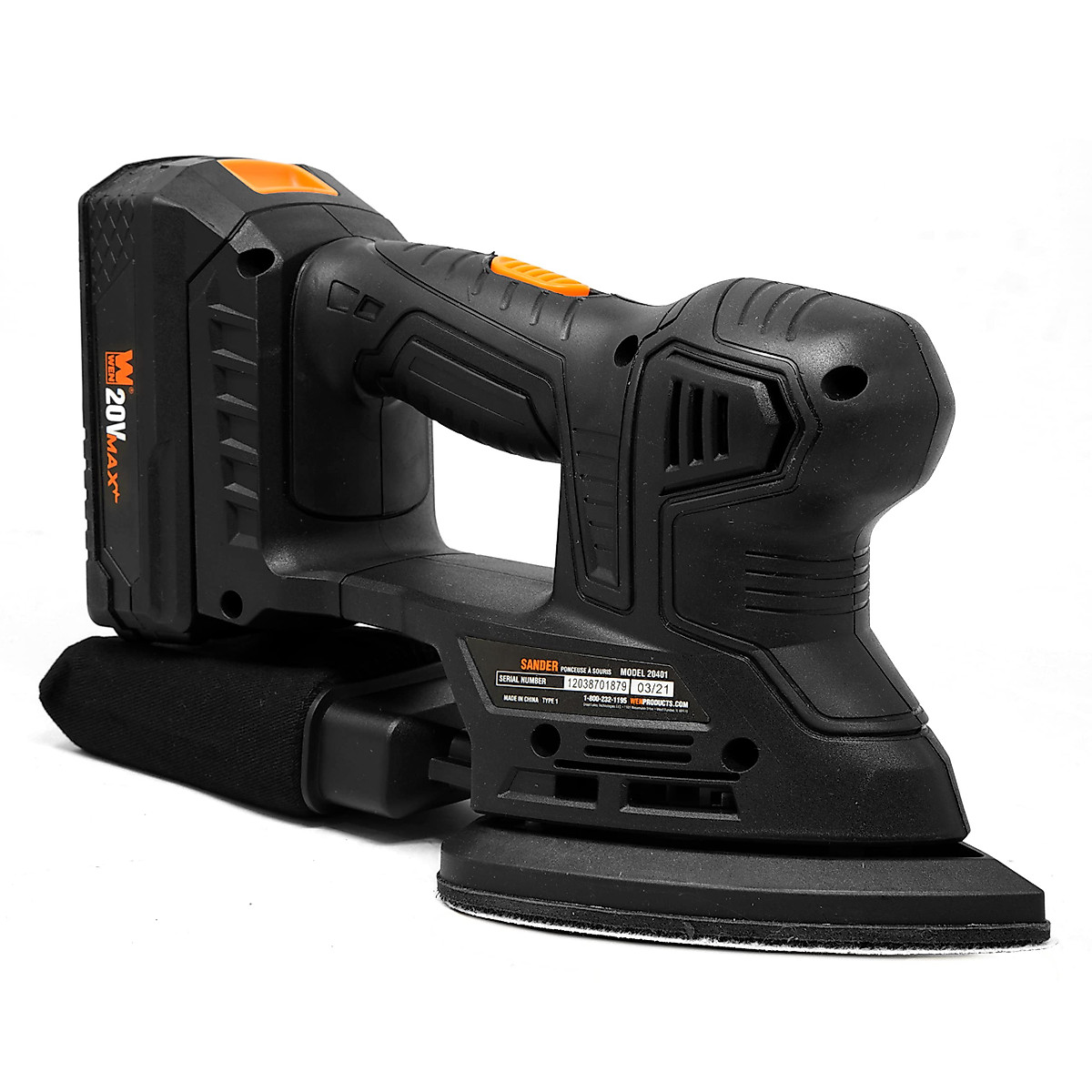 WEN Cordless Palm Sander with 20V Max 2.0 Ah Lithium-Ion Battery and Charger (20401) Black