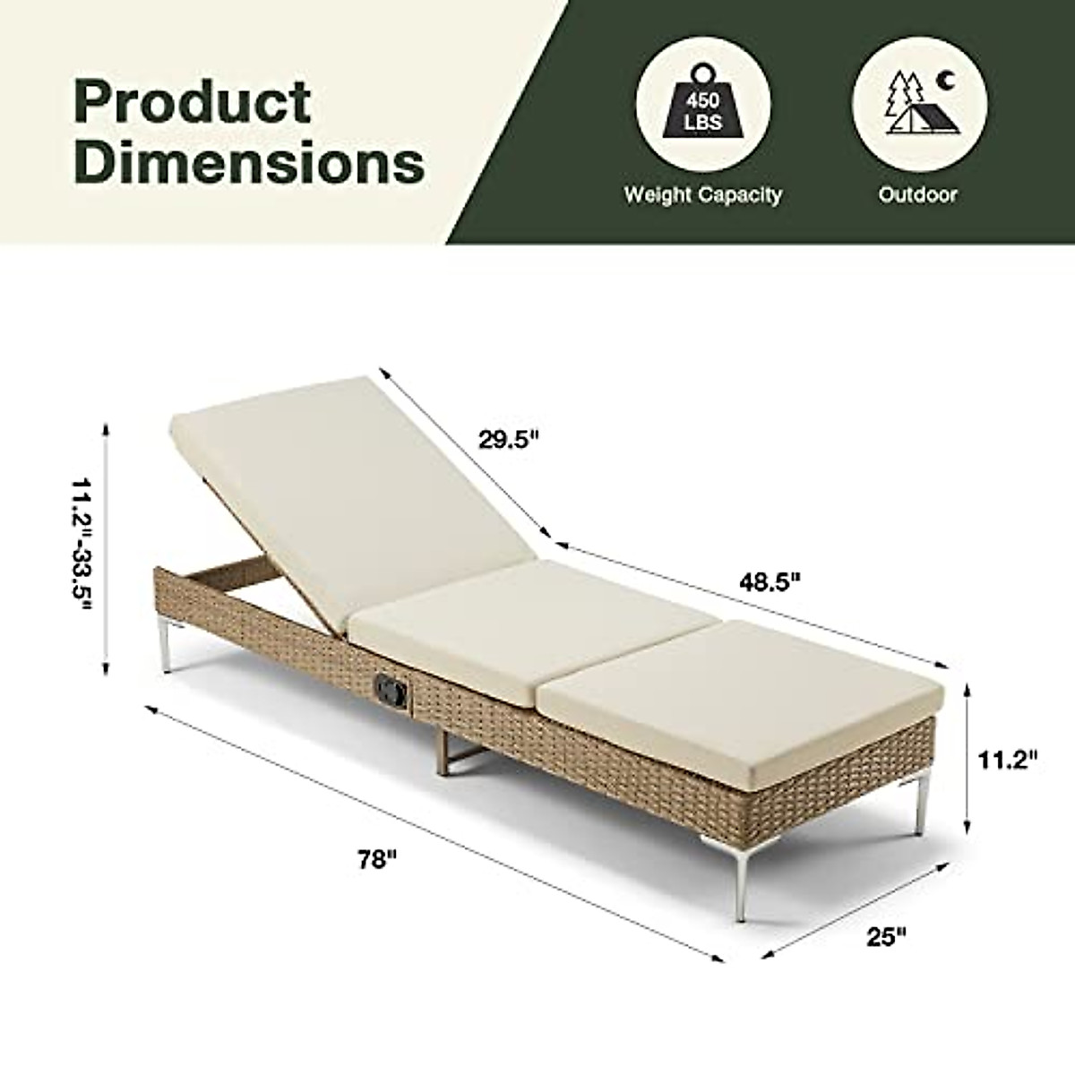 HOMREST Outdoor Chaise Lounge Chair Set of 2, Patio Wicker Lounge Chair with Pneumatic Adjustable Backrest, Rattan Pool Sunbathing Lounge Chair Suitable for Outside with Removable Cushion (Khaki)