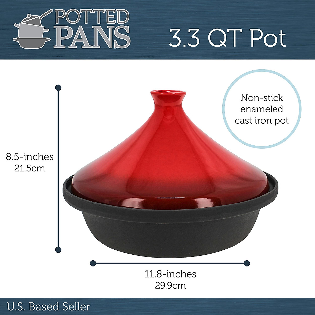 Potted Pans 3.3 QT Enameled Cast Iron and Ceramic Tajine Cooking Pot - Moroccan Tagine Pot Stovetop Tandoori Oven
