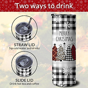 20 oz Christmas Skinny Tumblers with Lid and Straw, Buffalo Christmas Tree Stainless Steel Vacuum Insulated Travel Coffee Mug Cup Water Bottle, Christmas Decor Stuff Accessories Gifts for Women