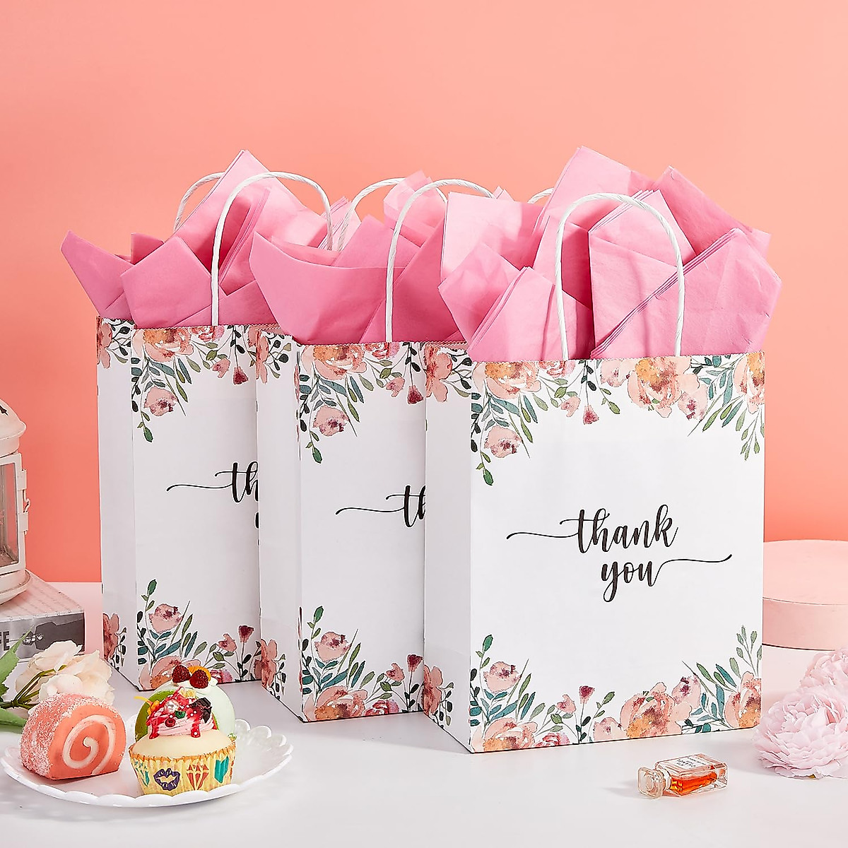 50 Pack Medium White & Spring Floral Thank You Paper Gift Bags with Handles 10 x8 x4 Inches and Pink Tissue Paper for Small Business Wedding Baby Shower Birthday Party Favors Goodies