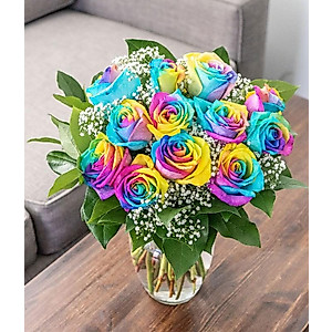 From You Flowers - One Dozen Wild Rainbow Roses with Glass Vase (Fresh Flowers) Birthday, Anniversary, Get Well, Sympathy, Congratulations, Thank You