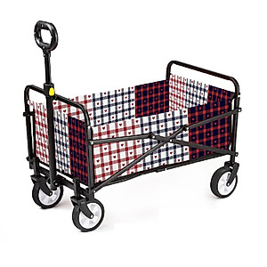 Collapsible Wagon Cart Tartan Plaid Herringbone for Valentines Day in red White Navy Blue Foldable Utility Wagon Large Capacity Garden Cart with Push Bar for Beach Camp Outdoor Shopping