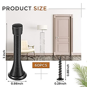 60 Pcs Spring Door Stopper with Rustproof Screw Rubber Bumper Tips, 3" Flexible Heavy Duty Spring Wall Door Stop Low Mounted Door Bumper for Home Spring Door Stoppers for Bottom of Door (Black)
