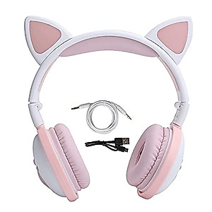 Wisoqu Cute Cat Ear Glowing Wireless Bluetooth Headphone HiFi Sports Folding Headset with Led Light Cat Ear Bluetooth Headphones Over Ear Childrens Foldable Headphones(Milk Powder White)