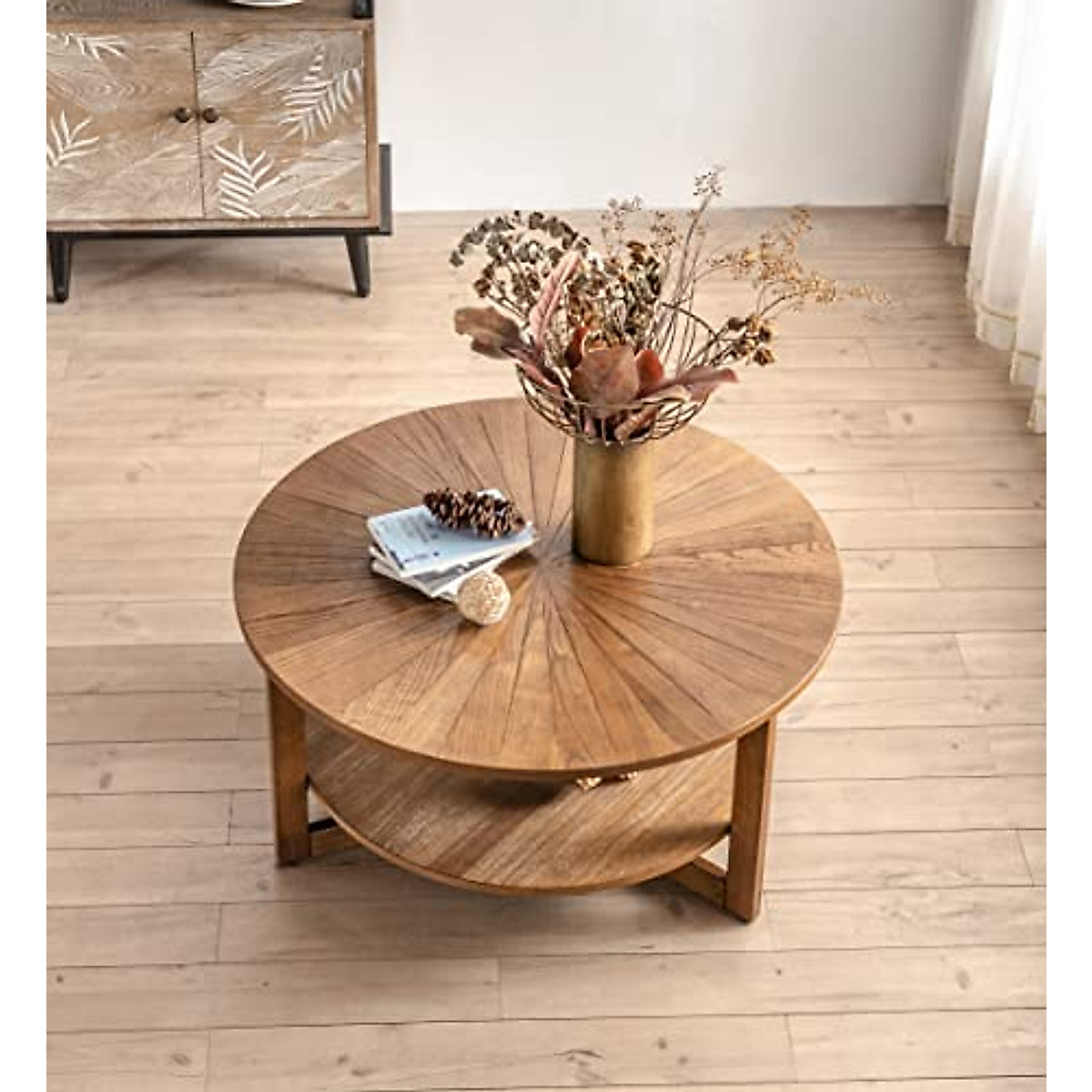 Gexpusm Round Coffee Table, Wood Coffee Tables for Living Room, Natural Wood Coffee Table with Storage, Center Large Circle Coffee Table, 35.3x35.3x17.8in