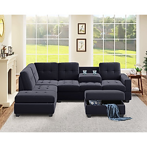 P PURLOVE Modern Sectional Sofa, Reversible Sectional Sofa with Storage Ottoman, L Shaped Couch Set with Reversible Chaise and Two Cup Holders, for Living Room Apartment, Black