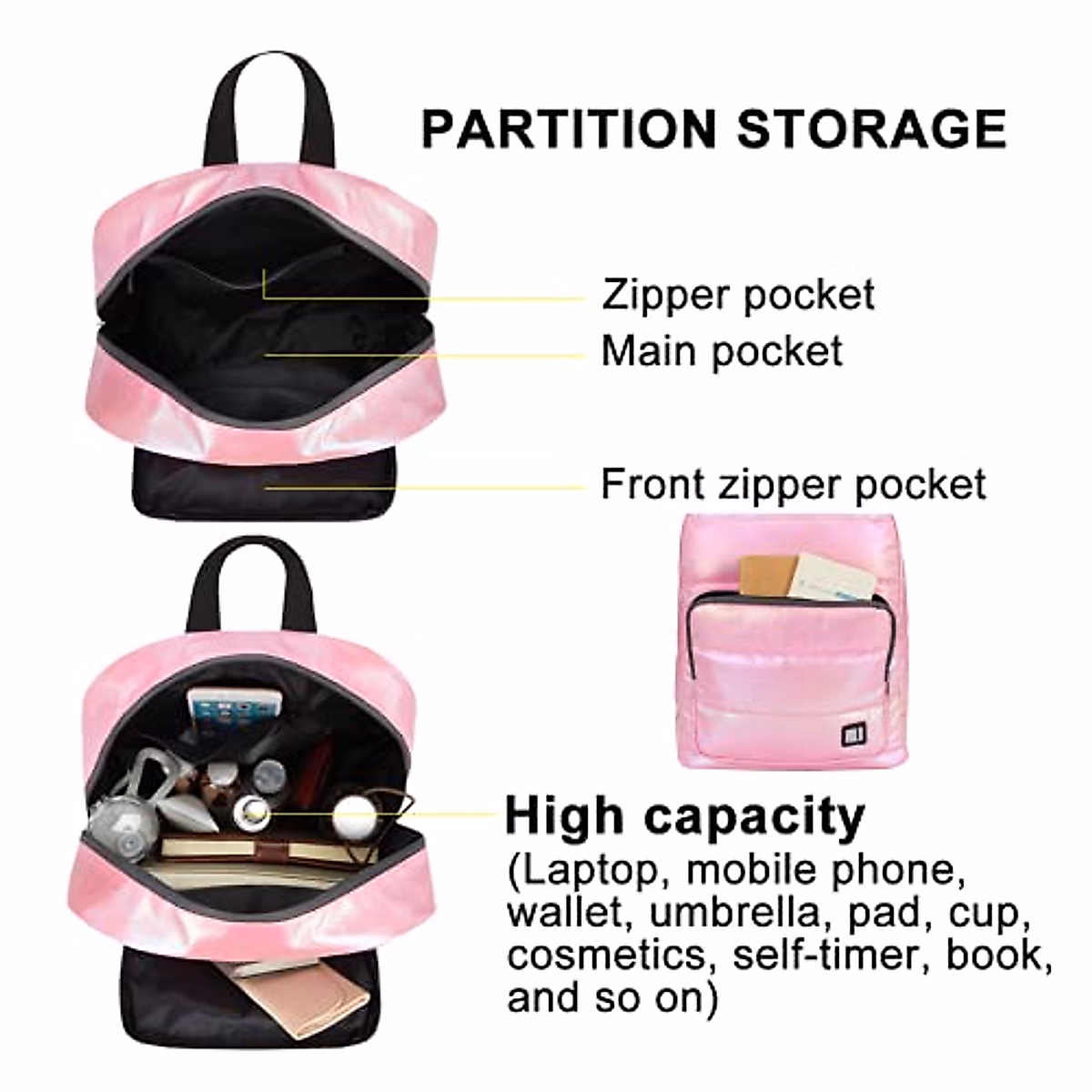 GBLQ PLUS Iridescent Backpack 15 Inch, Super Lightweight Ultra Soft Nylon Shiny Fabric Quilted Casual Daypack Pink