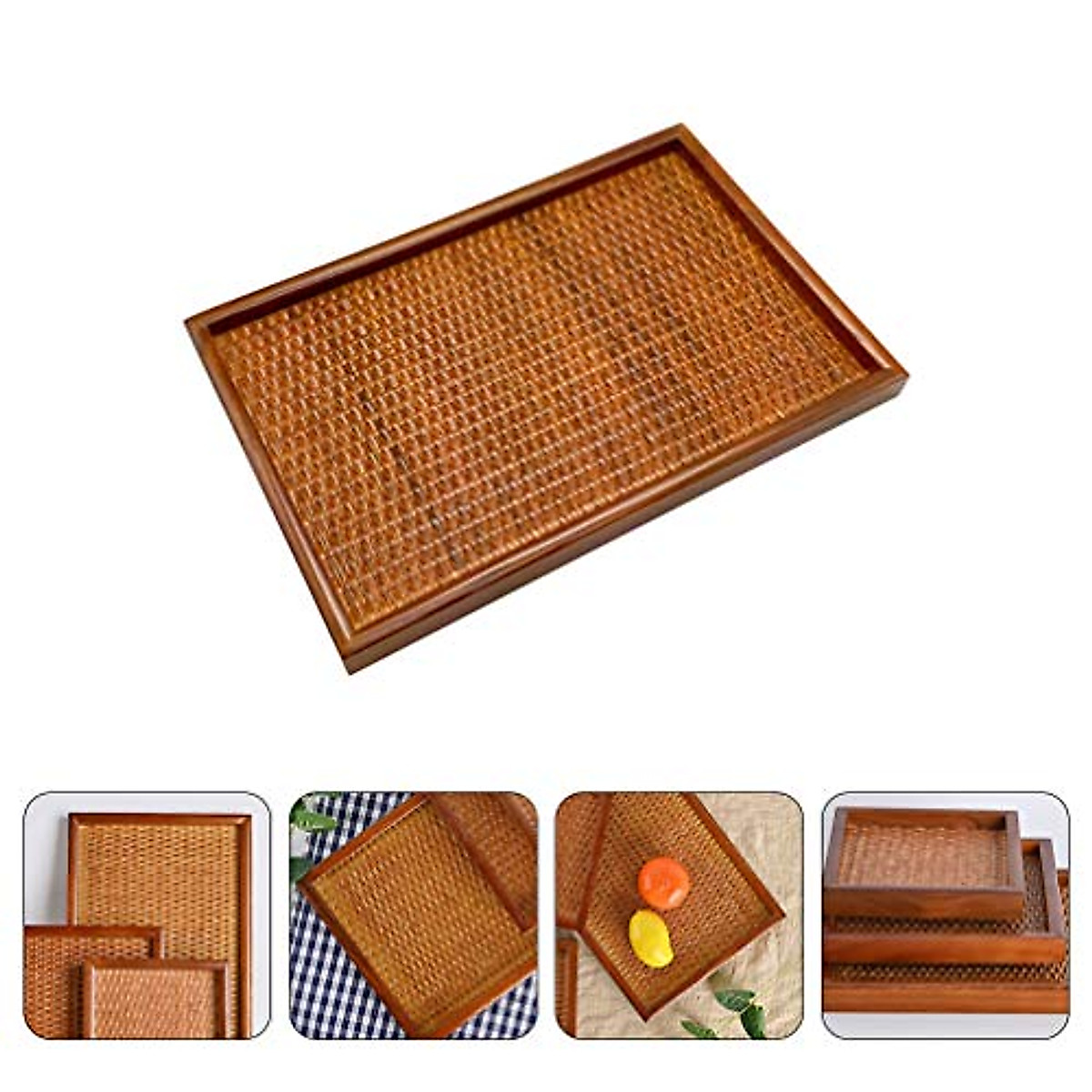 Cabilock Rustic Wooden Serving Trays Rattan Handwoven Rectangular Utensils Food Tea SPA Salon Tray Sundries Storage Organizer Farmhouse Decoration for Home Restaurant Brown 30x20cm