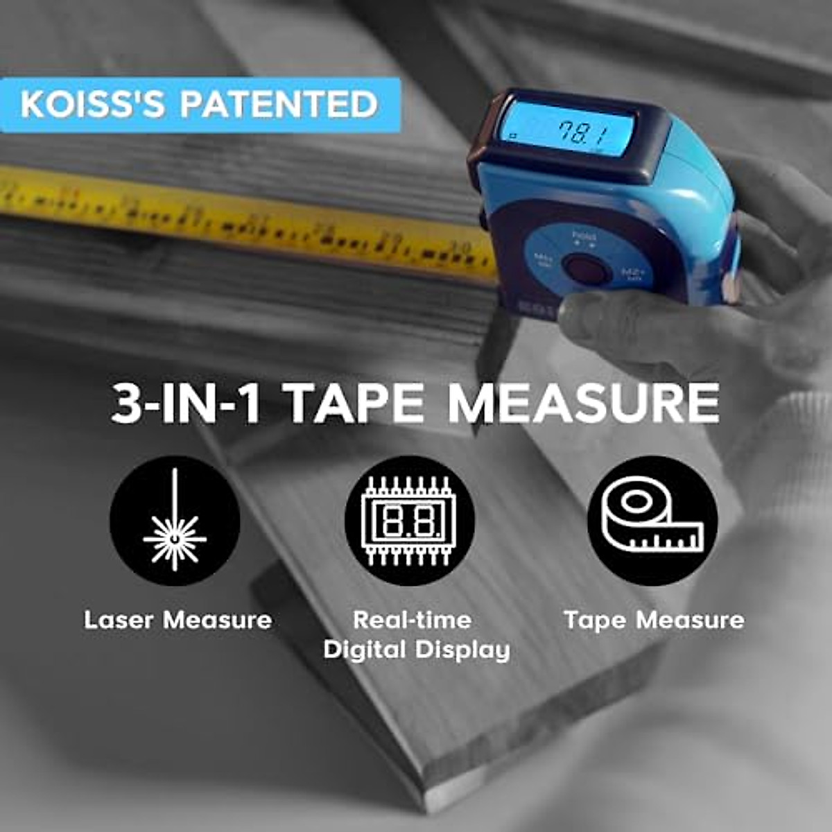 KOISS K4TM 3-in-1 Digital Measuring Tape with Laser, 130FT Laser Measurement Tool, 16FT Tape Measure, Real Time Digital Screen with Backlight, 3 Memory Functions, Rechargeable Battery