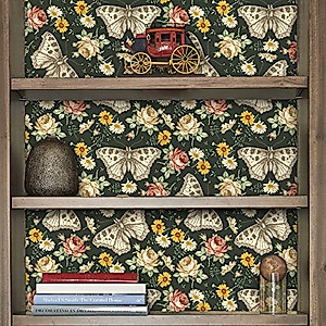 VaryPaper Dark Floral Wallpaper Peel and Stick Vintage Daisy Peony Butterfly Mural 17.7"x78.7" Waterproof Removable Black Contact Paper for Cabinets Drawers Walls