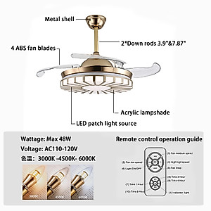 OUKANING 42 Inch Modern Chandelier Ceiling Fan with Remote, Three Light Colors Ceiling Fan 4 Retractable Blades for Living Room Bedroom