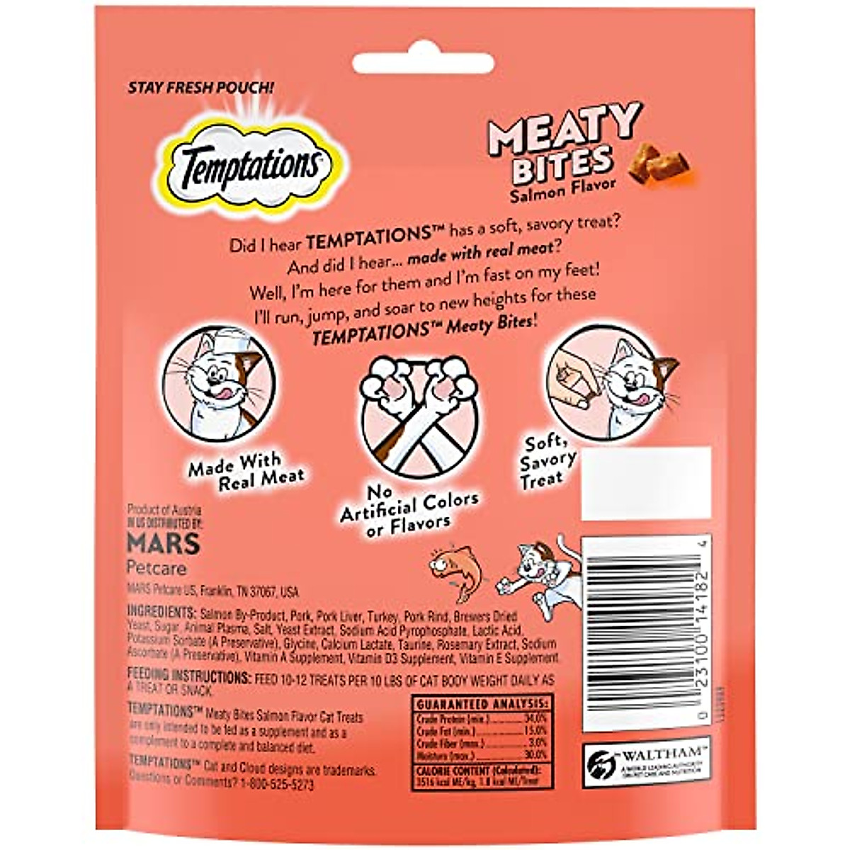 TEMPTATIONS Meaty Bites, Soft and Savory Cat Treats, Salmon Flavor, 4.12 oz. Pouch
