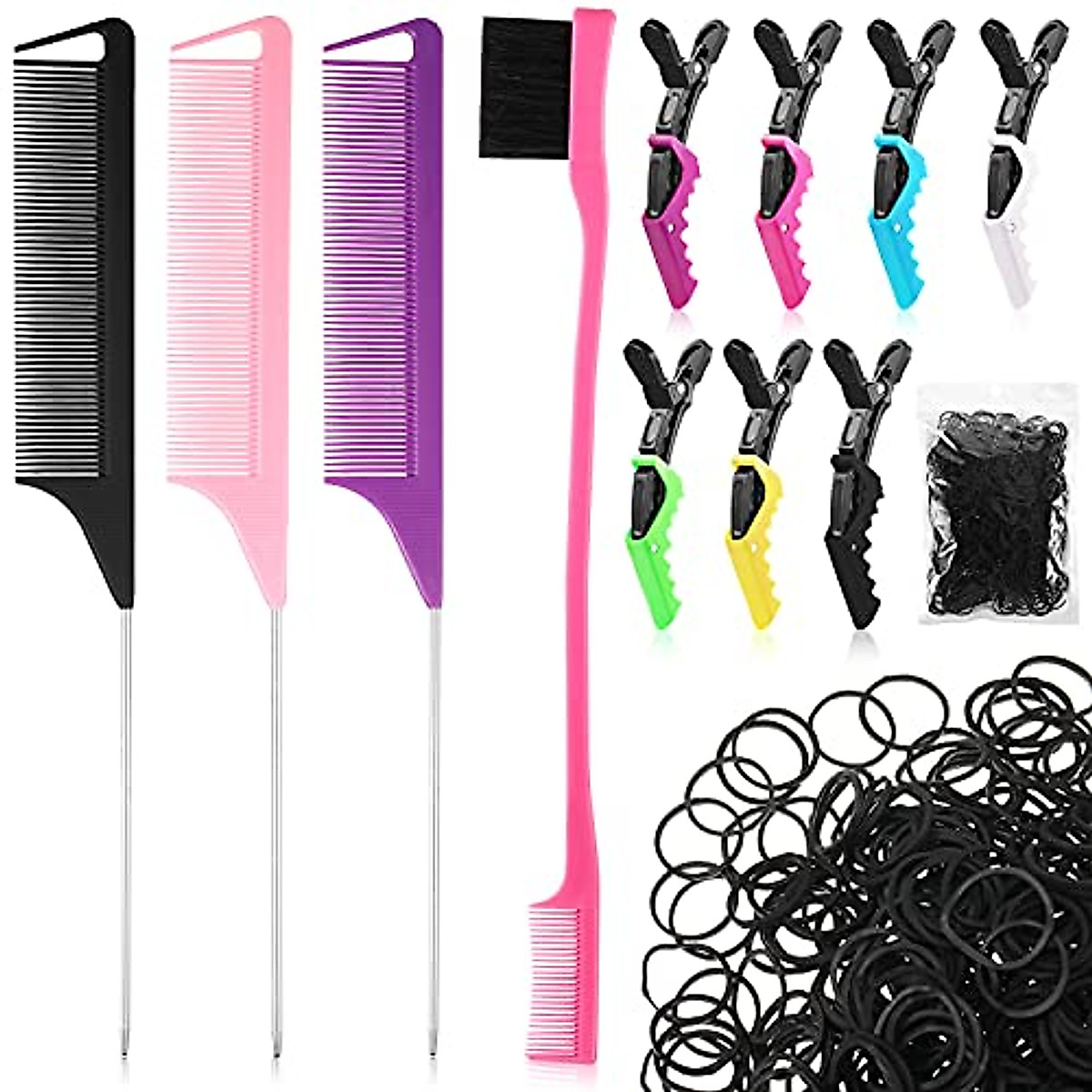 12 Pieces Rat Tail Combs Hair Clips Set,3 Rat Tail Combs 7 Alligator Hair Clips Pin Rat Tail Teasing Parting Combs and Mini Rubber Bands,Hair Styling Braiding Comb for Women Girls (Delicate Color)