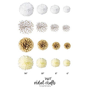 Vidal Crafts 20 Pcs Tissue Paper Pom Poms Kit (14", 10", 8", 6" Tissue Paper Flowers) for Wedding, Birthday, Engagement Party Décor, Gender Neutral Baby Shower, Boy or Girl Nursery Decoration