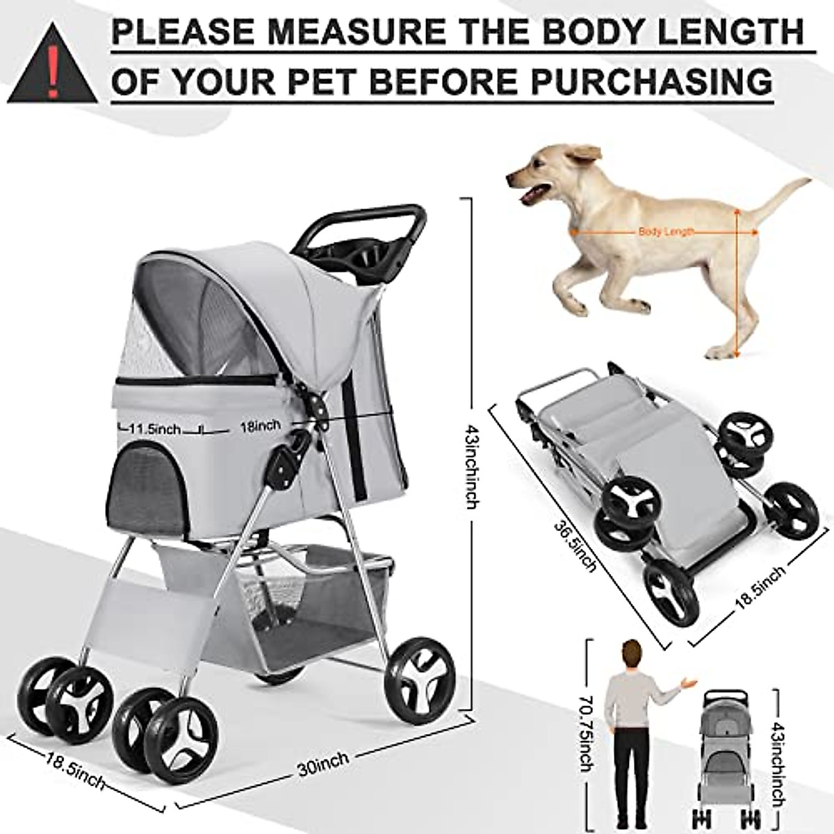 Wedyvko Pet Dog Stroller, 4 Wheel Foldable Cat Dog Stroller with Storage Basket, Handle 360° Front Wheel Rear Wheel with Brake for Small Medium Dogs & Cats (Gray)