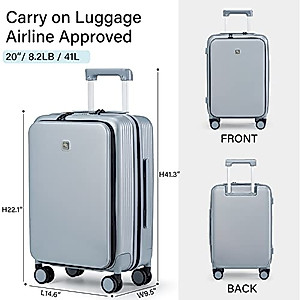 Hanke 20 Inch Carry On Luggage Hard Shell Suitcases with Wheels Lightweight Travel Luggage for Weekender Suitcase with Lock Rolling Luggage with Front Pocket(Grey)