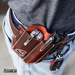 Atqana Multitool Sheath for Belt (Premium Leather) - EDC Pocket Organizer | Leatherman Holster | Handmade Leather Multitool Pouch with Pen Holder, Flashlight Sheath and Key Fob Clip (Extra Dark Brown)