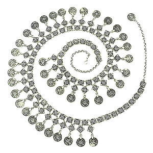 TianBo Vintage Antique Silver Color Coin Tassels Pendant Belly Dance Body Chain Waist Chains Turkish Gypsy Carving Beach Belt Body Jewelry for Women Size 35-41in Adjustable