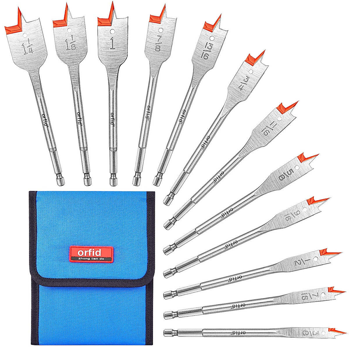 12 Pcs Spade Drill Bit Set - Carbon Steel Paddle Flat Bit with Quick Change Shank for Hole Cutter Woodworking,Portable Nylon Storage Pouch Included