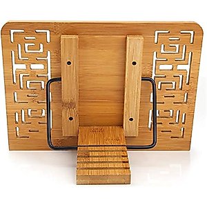 wishacc Bamboo Book Stand Reading Rest Holder Cookbook Cook Stand/Foldable Tablet PC Textbook/Music Document Stand/Desk Bookrest with Retro Hollow Elegant Pattern