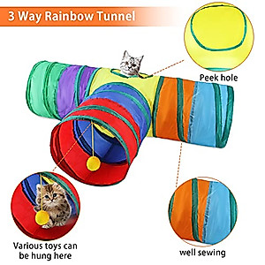 Oziral Cat Toys Set 32 PCS Kitten Toys Assortments Including 3 Way Tunnel Cat Feather Teaser Wand Sisal Mice Bell Balls Crinkle Balls Interactive Cat Toys for Indoor Cats Kitten