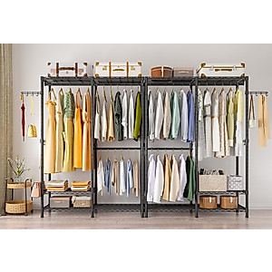 Exglobol Heavy Duty Garment Rack, Metal Closet Organizers and Storage, Wardrobe Clothing Racks for Hanging Clothes, 3 Tiers Adjustable Wire Shelving with 2 Hanger Rods and Side Hooks, Black