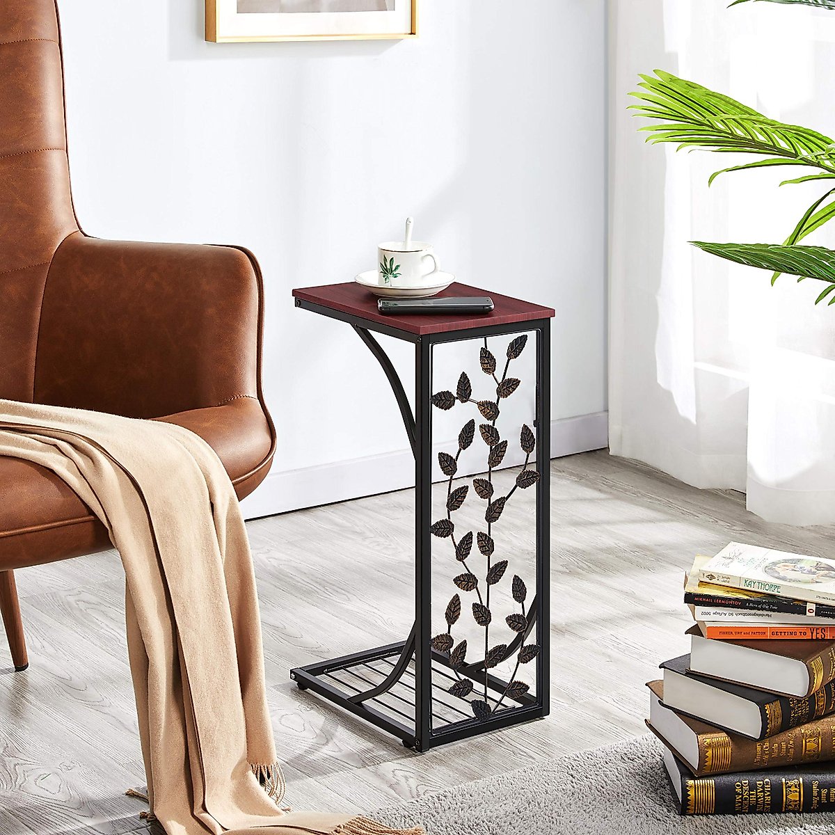 Yaheetech C Shaped End Table Set of 2 Sofa Side Tables for Living Room, Couch Tables Small Coffee Tray Snack Tables Slide Under Sofa with Elegant Leaf Design, Bronze Metal Frame and Wooden Tabletop