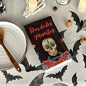 Artoid Mode Skull Flowers Dia de Los Muertos Halloween Kitchen Towels Dish Towels, 18x26 Inch Day of The Dead in Mexico Decor Hand Towels Set of 2