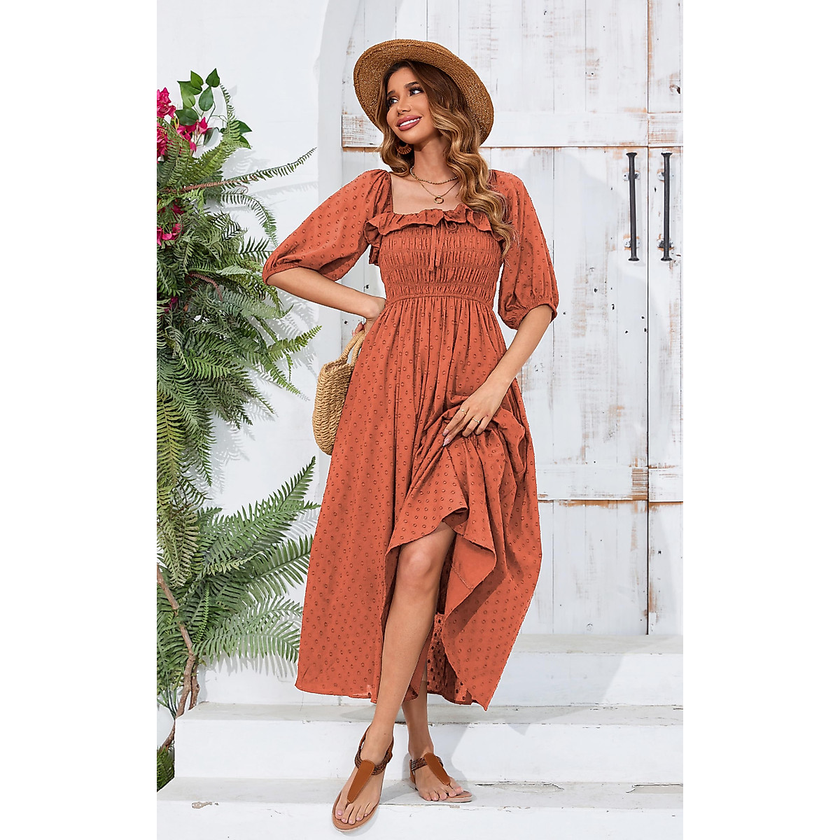 R.Vivimos Women Summer Half Sleeve Cotton Ruffled Vintage Elegant Backless A Line Flowy Long Dresses (Medium, Orange#1)