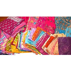 8"X8" Lot 100% Pure Silk Print Vintage Sari Fabric, Remnants, Scrap Bundle, Precut Fabric, Multicolored Squares for Craft Patchwork (10 Qty, Multicolored)