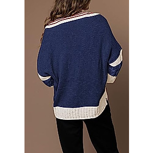 Meenew Women's Baggy Loose Knit Sweater Plunge V Neck Long Sleeve Fashion Loose Crop Tops Dark Blue S